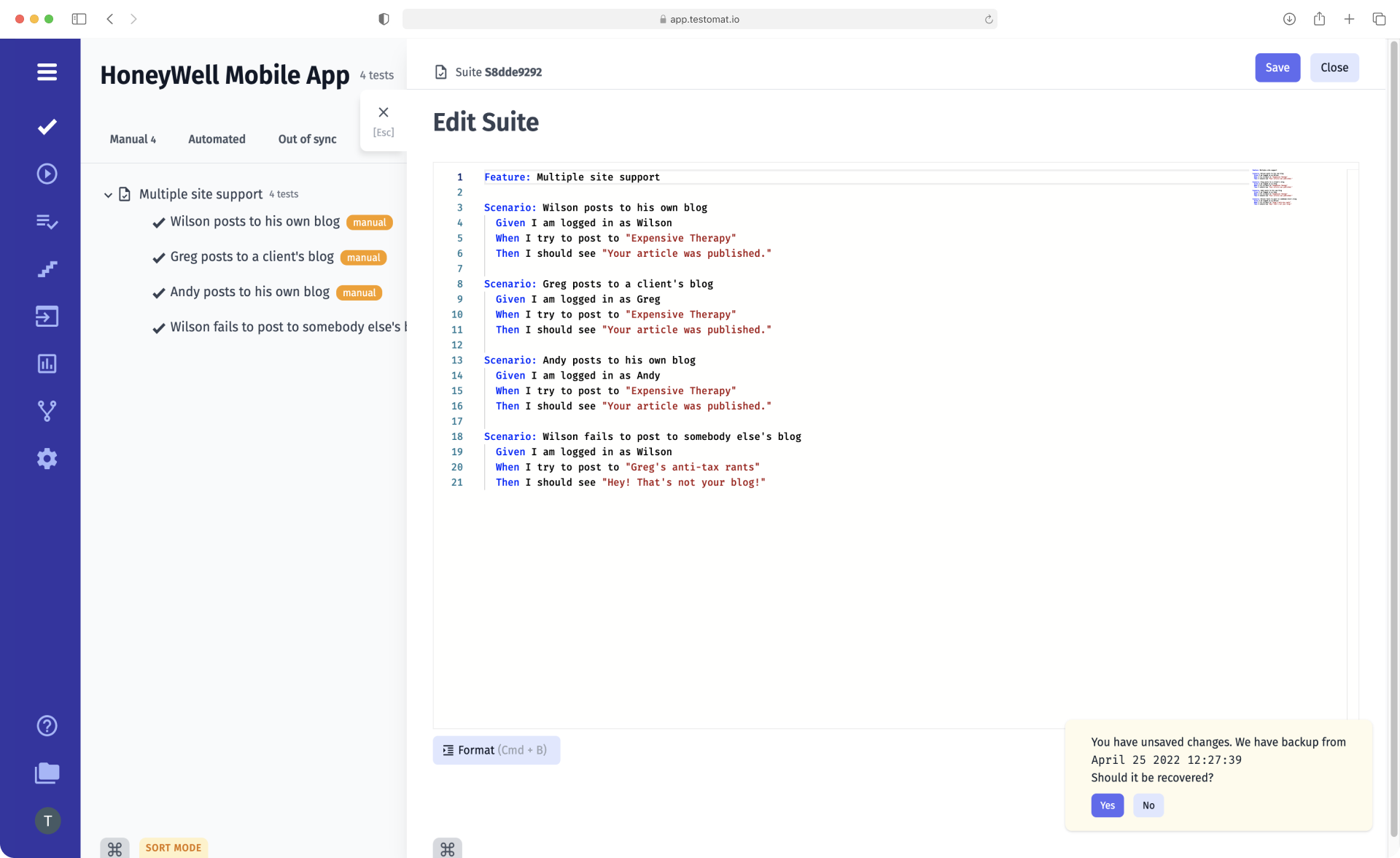 Auto saving tests - testomat.io