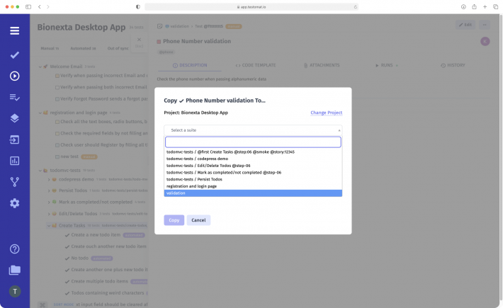 Copy tests and suites - testomat.io