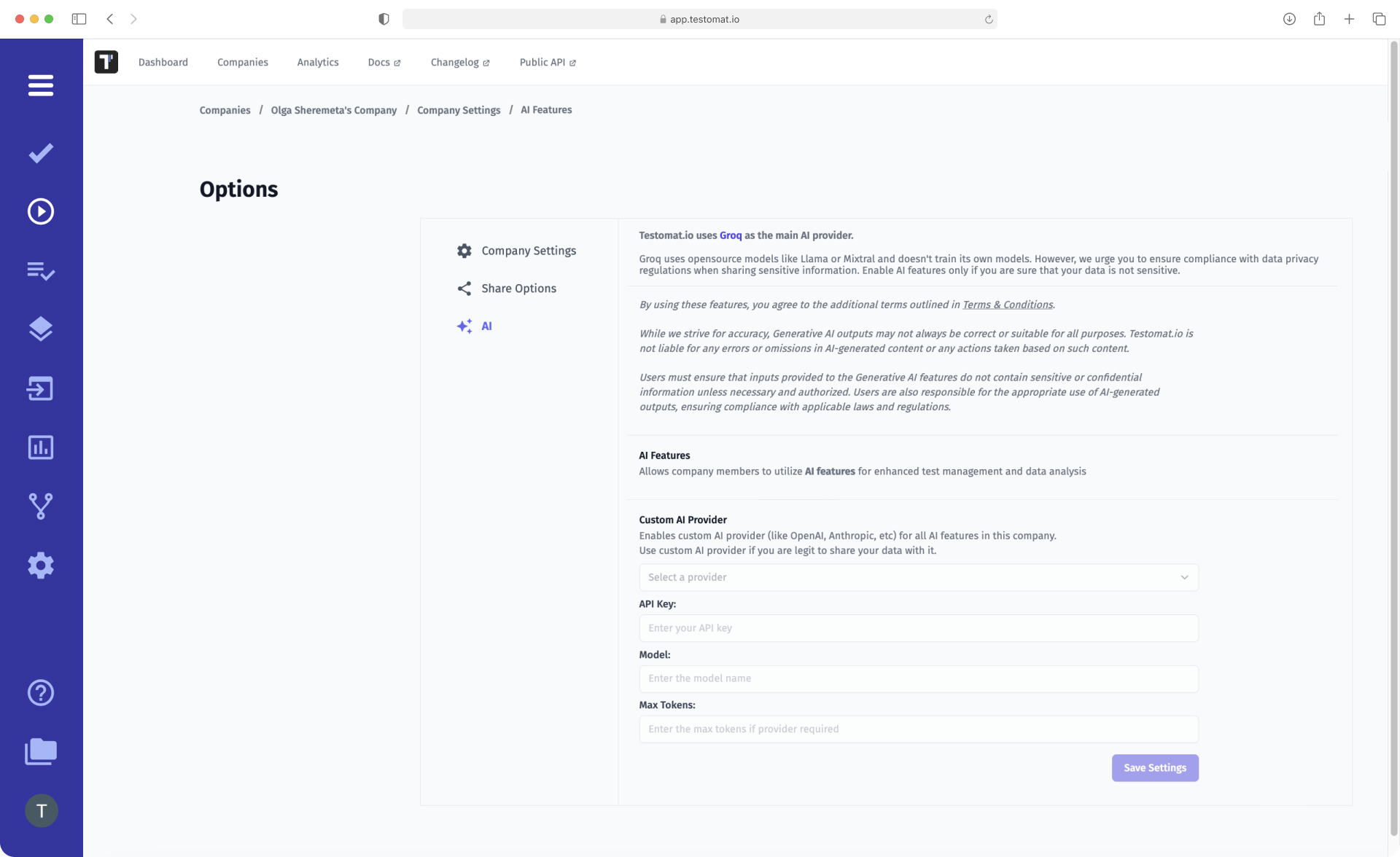 Custom AI Provider for Test Case Management